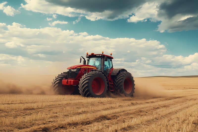 Red Tractor Working in a Dry Field Under Cloudy Sky Stock Photo - Image ...