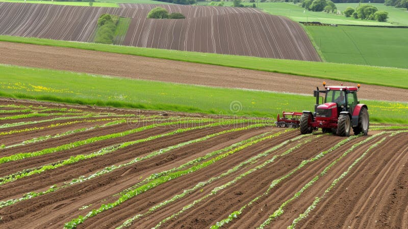 A Red Tractor is Working a Field, Cultivating Rows of Young Crops in a ...