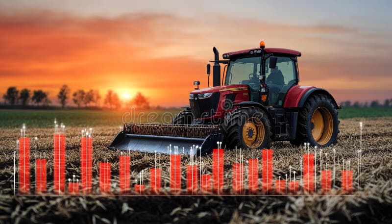 Red Tractor Working on the Field with Glowing Statistics, Harvest Time ...