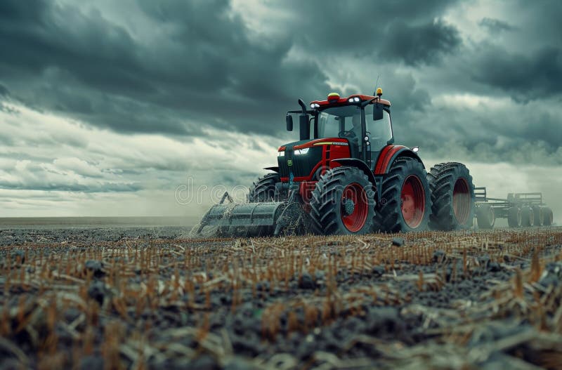 Red Tractor Working Field during a Rainy Day Stock Photo - Image of ...
