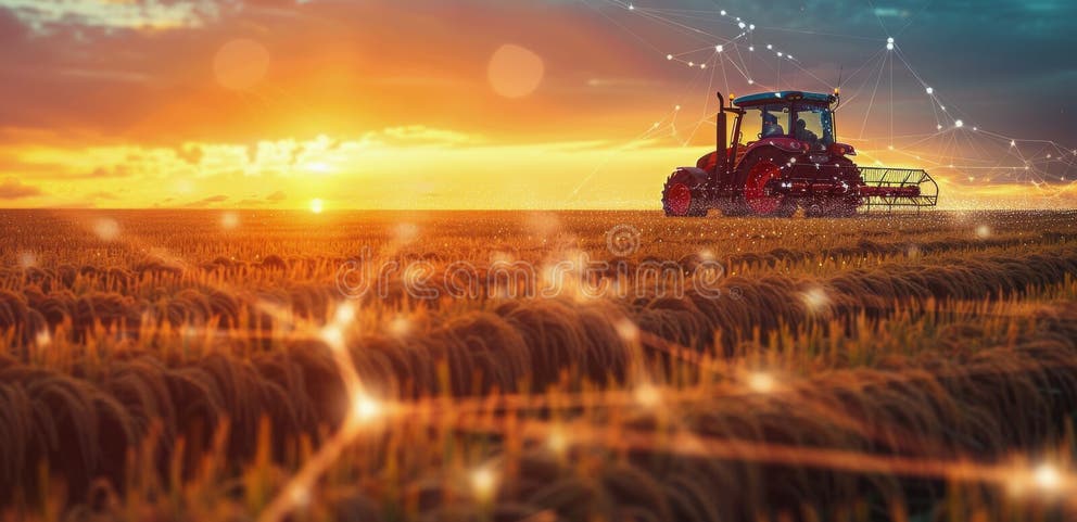 Red Tractor Working in Field at Sunset with Connected Data Network ...