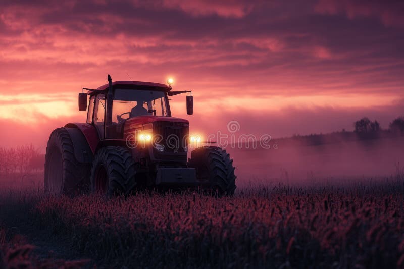 Red Tractor Working in a Field at Sunset with a Dramatic Sky Stock ...