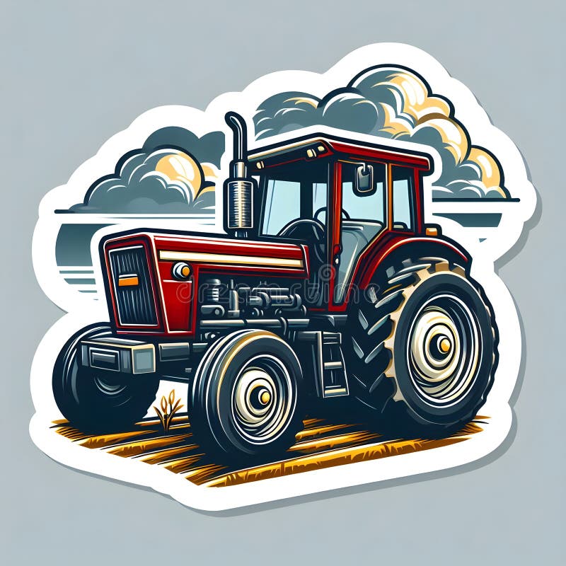 Red Tractor Working in the Field Under Cloudy Sky Stock Illustration ...