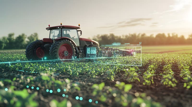 Red Tractor Working a Green Field at Sunset with Digital Interface ...