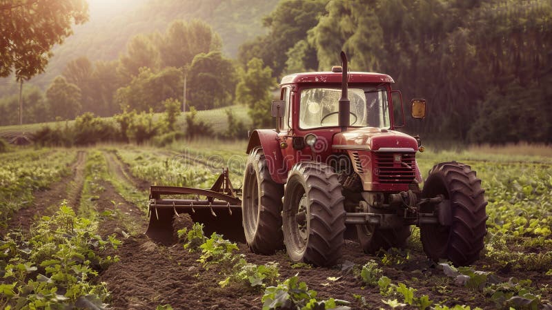 Red Tractor Working on Scenic Farm Field at Sunset Stock Illustration ...