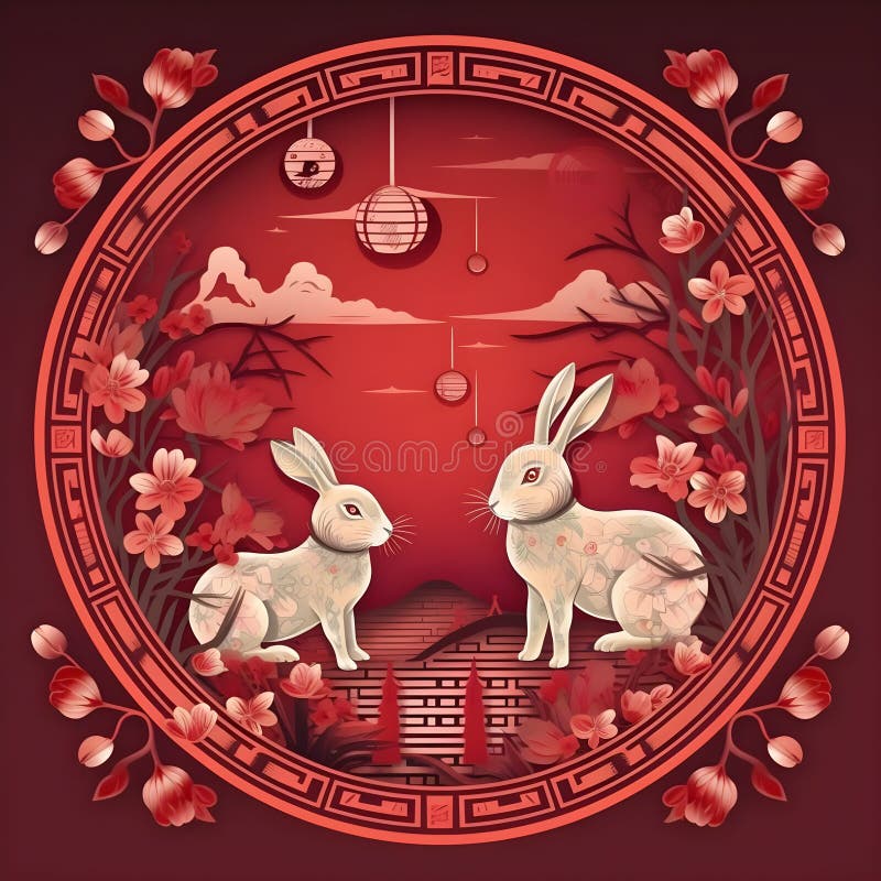 Red Traditional Chinese Designs with Rabbits,Generative AI Stock ...