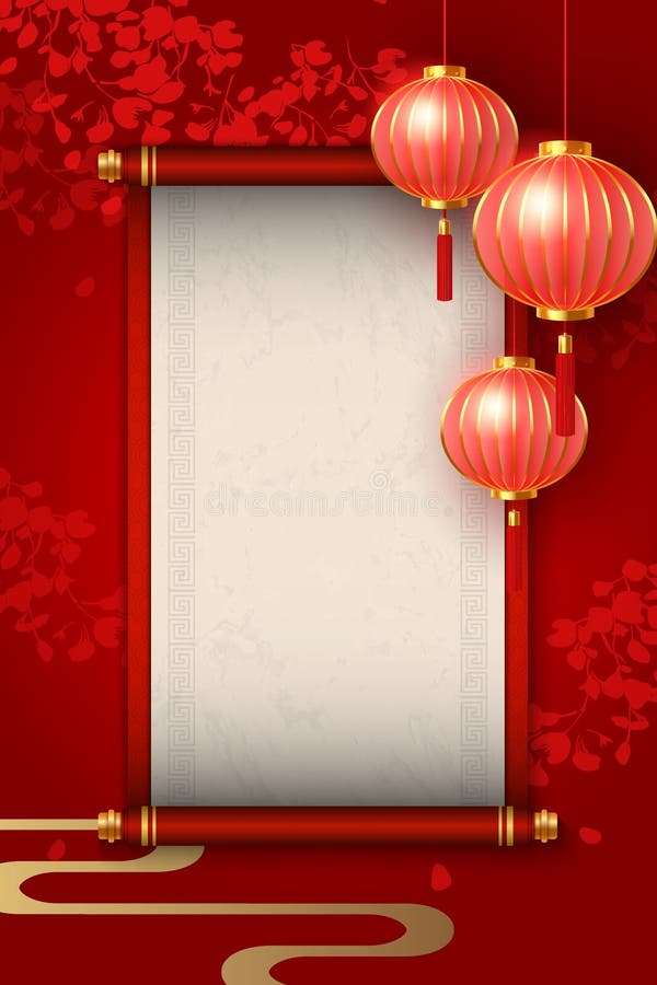 Red Traditional Scroll Paper Reel and Chinese Lantern Decoration Stock ...