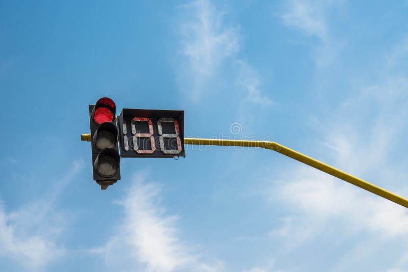Red Traffic Light on Blue Sky Stock Photo - Image of number, yellow ...