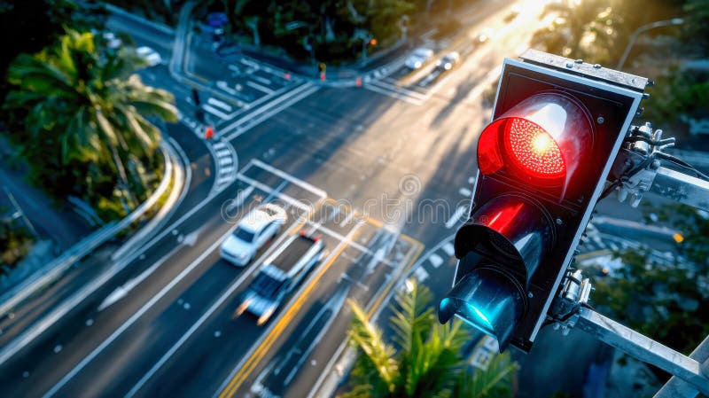 A Red Traffic Light at a Busy Intersection with Cars Moving Below in ...