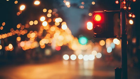 Red Traffic Light at Night with Bokeh Lights Stock Illustration ...