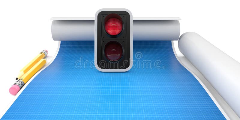 Red Traffic Light with Pencil and Blueprint on White Background Stock ...