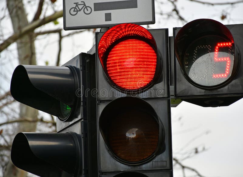 Red Traffic Light at the Road Crossing Stock Photo - Image of bicycle ...
