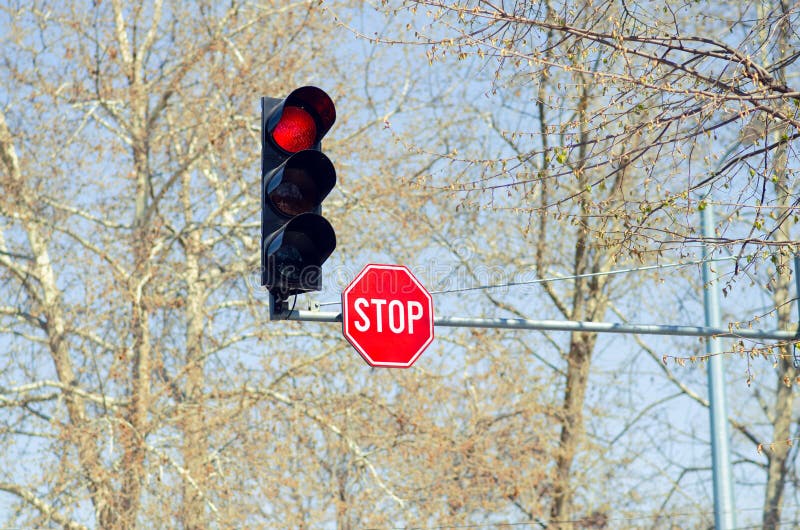 Red Traffic Light with Stop Sign Stock Image - Image of sign, light ...