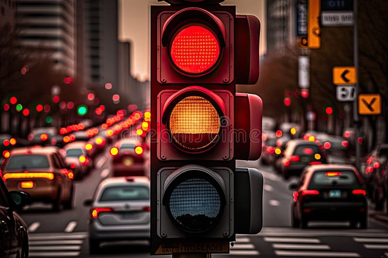 Red Traffic Light, with View of Busy Intersection, during Rush Hour ...