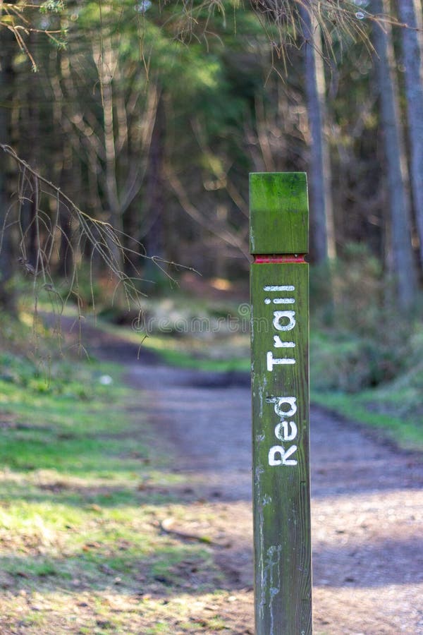Red Trail Signpost Next To Path in Tyrebagger Forest Stock Image ...