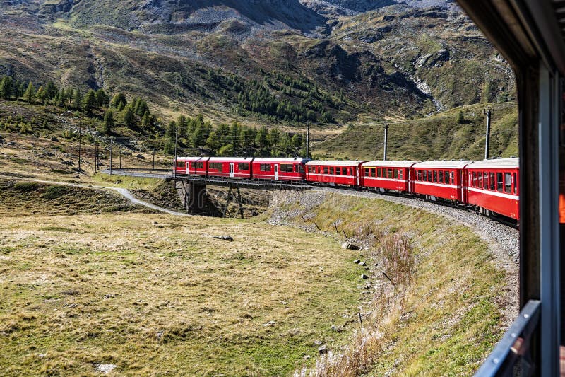 Red Train of Bernina in the Swiss Alps Stock Photo - Image of mountain ...