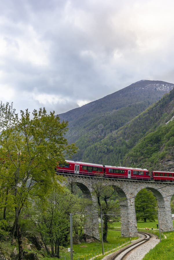 The Red Train on the Circular Viaduct Bridge Near Brusio on the Swiss ...
