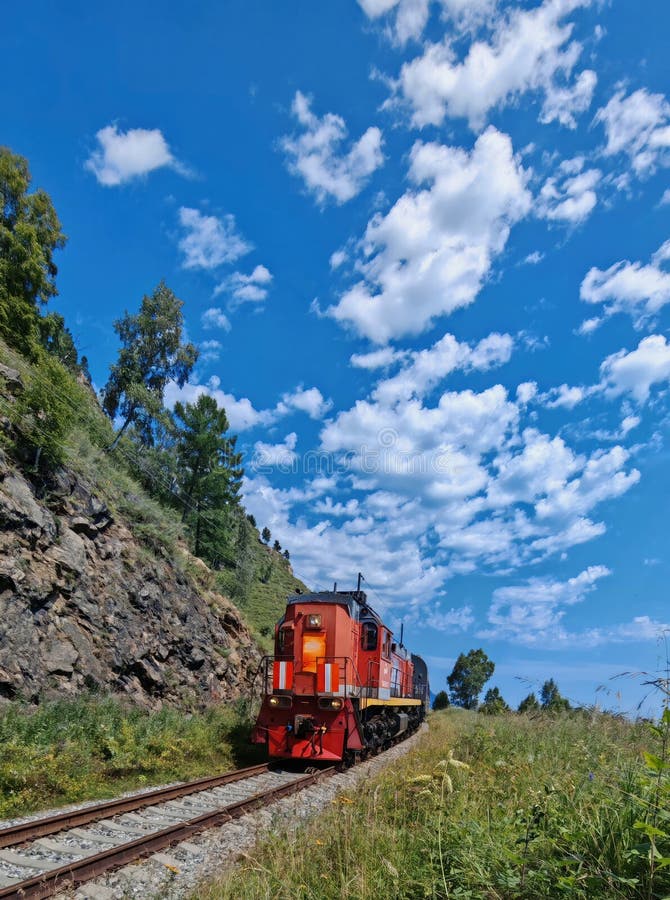 Red Train on Circum-Baikal Railway Stock Photo - Image of engineering ...