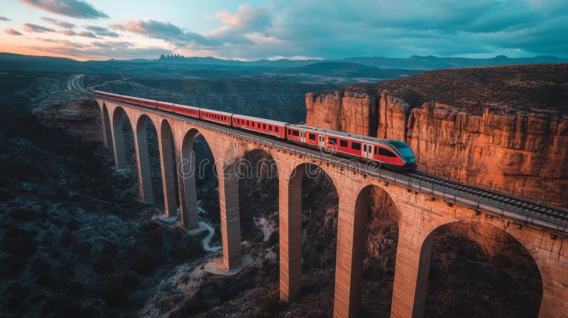 Red Train Crossing Stone Arch Bridge Against Dramatic Sky Stock ...