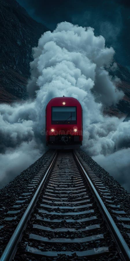 Red Train Emerging from a Cloud of Smoke on a Railway Track. Stock ...