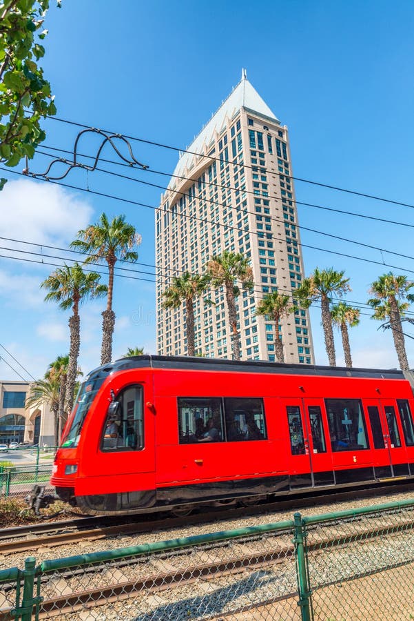 Red Train in Front of City Building, San Diego Editorial Stock Image ...