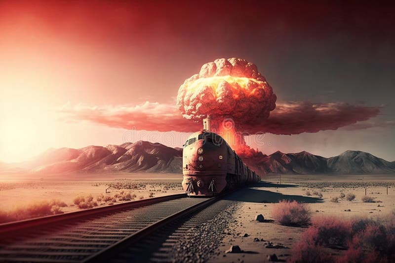 A Red Train in Front of a Gigantic Nuclear Explosion - Created by ...