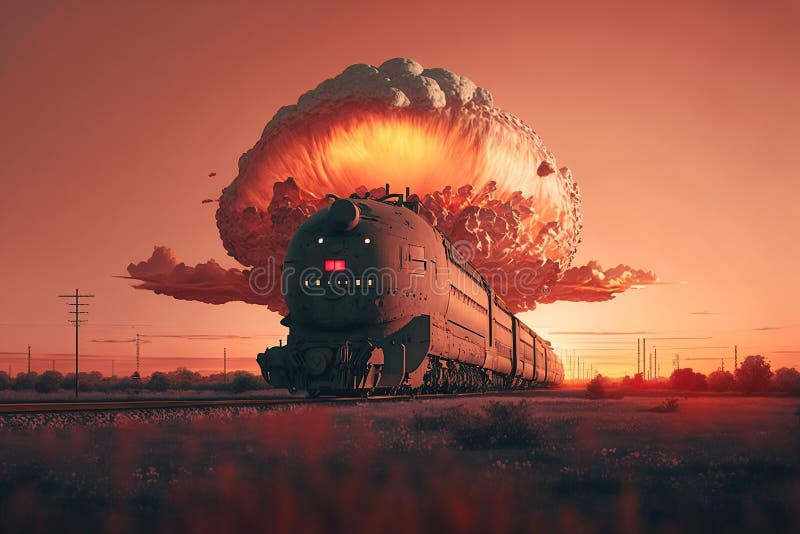 A Red Train in Front of a Gigantic Nuclear Explosion - Created by ...