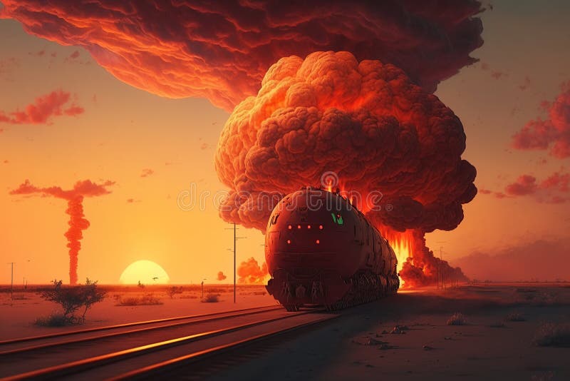 A Red Train in Front of a Gigantic Nuclear Explosion - Created by ...