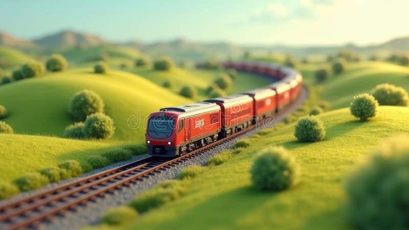 Red Train Journey through Lush Green Hills Stock Illustration ...