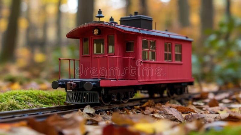 Red Caboose Model Train in Autumn Leaves Stock Illustration ...