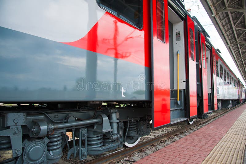 Red Train in Modern Railway Stock Image - Image of express, industrial ...