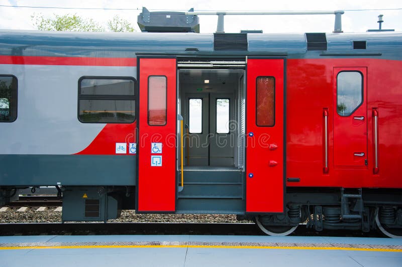 Red Train in Modern Railway Stock Image - Image of transportation ...