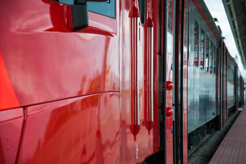 Red Train in Modern Railway Stock Photo - Image of transport ...