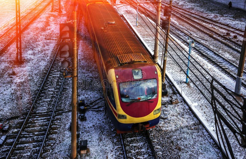 Red Train with Platform with Rails at Sunset. Stock Image - Image of ...