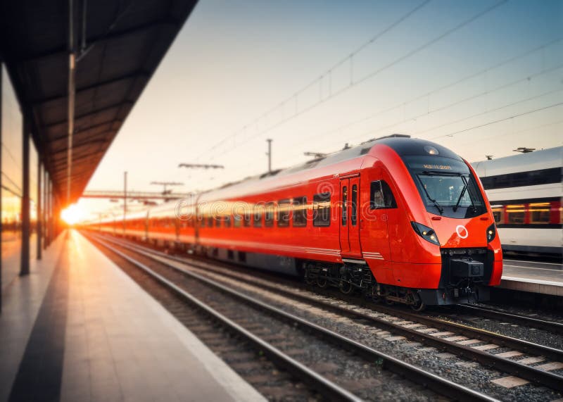 Red Train at Platform with Sunset Glow Stock Illustration ...
