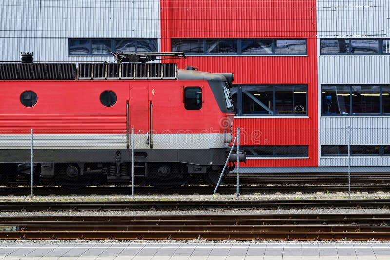Red Train on a Railroad Station Stock Image - Image of industrial ...