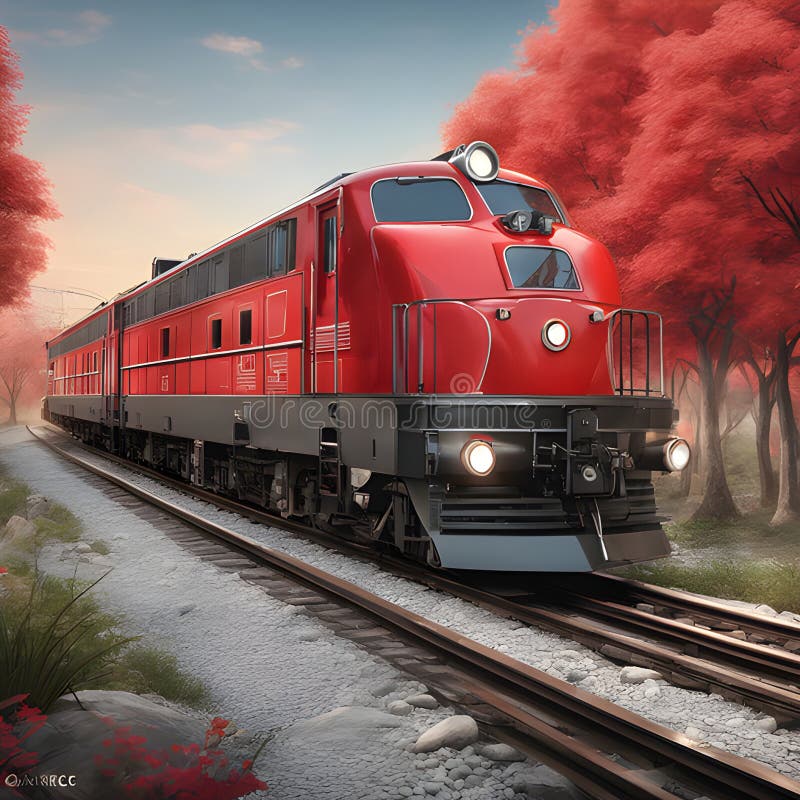 Red Train on the Railway in the Middle of Red Tree Wood Stock ...