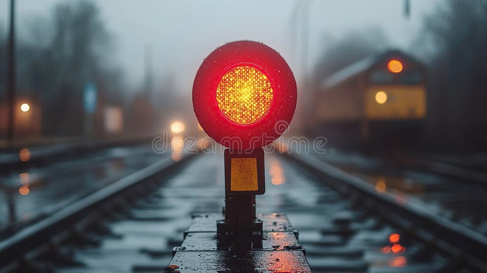 Red Train Signal on Wet Tracks Stock Illustration - Illustration of ...