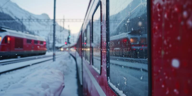 A Red Train with Snow on the Tracks Stock Image - Image of street ...