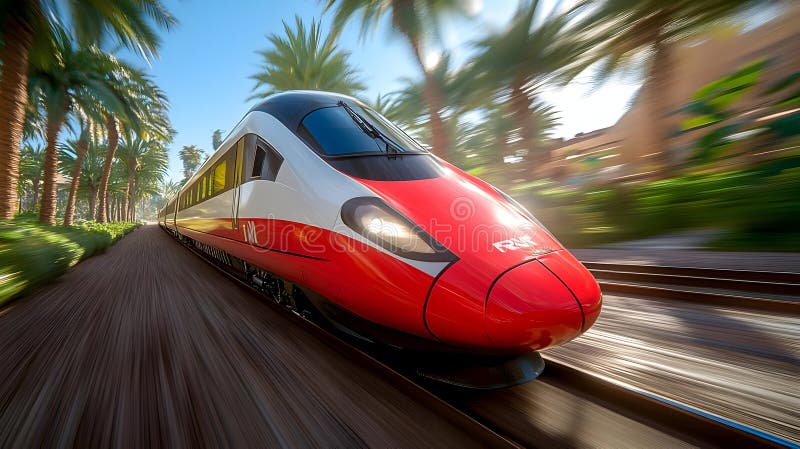Red Train Speeding through Palm Trees Illustration Stock Illustration ...