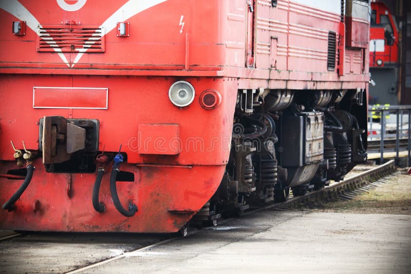 Red Train Standing on Railway on Sunny Day Stock Image - Image of cabin ...