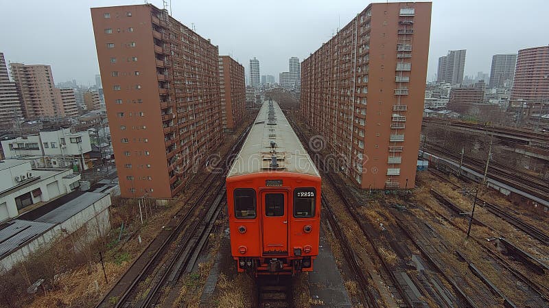Red Train on Tracks between Apartment Buildings Stock Illustration ...