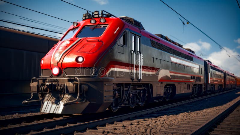 Red Train Traveling Down Train Tracks Next To Train Station with Sky ...