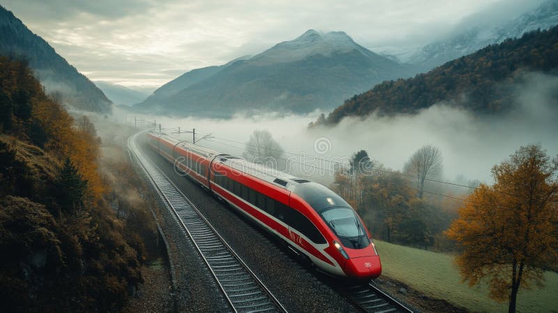 Red Train Traveling through Foggy Mountain Pass Stock Illustration ...