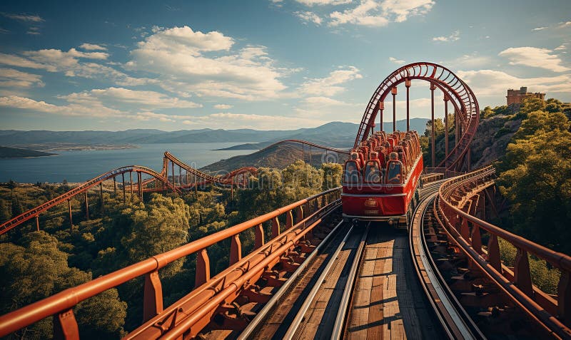 Red Train Passing Roller Coaster Stock Photo - Image of attraction ...