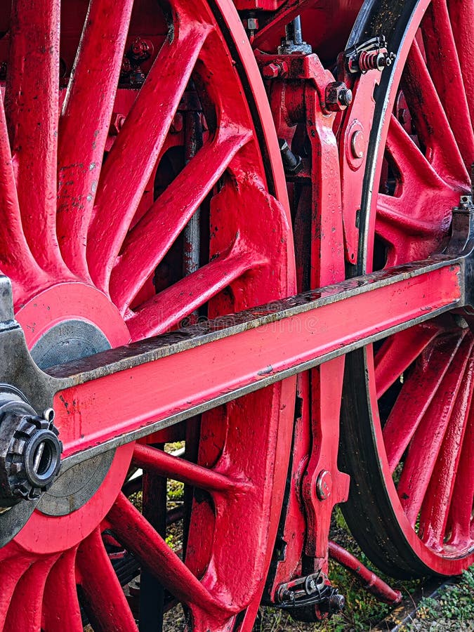 The Red Train Wheel is in the Foreground Stock Photo - Image of history ...