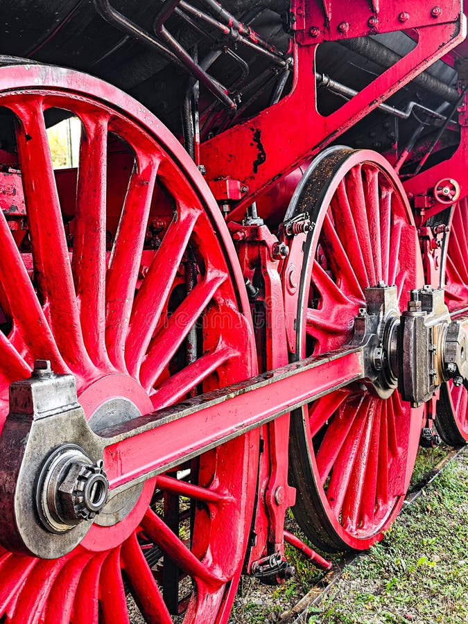 The Red Train Wheel is in the Foreground Stock Image - Image of ...