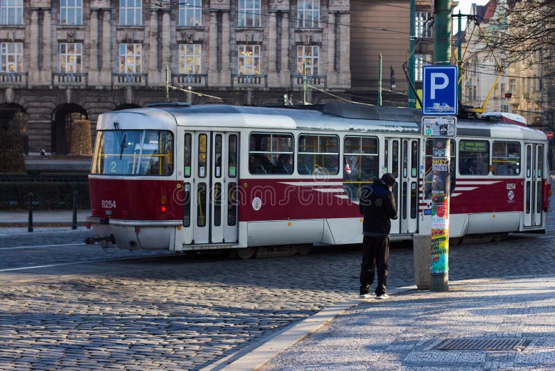 Red Tram Circulating in Prague Editorial Image - Image of cityscape ...