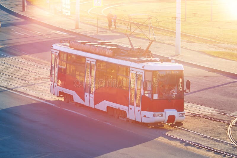 Red tram in Eastern Europe stock image. Image of city - 114381235