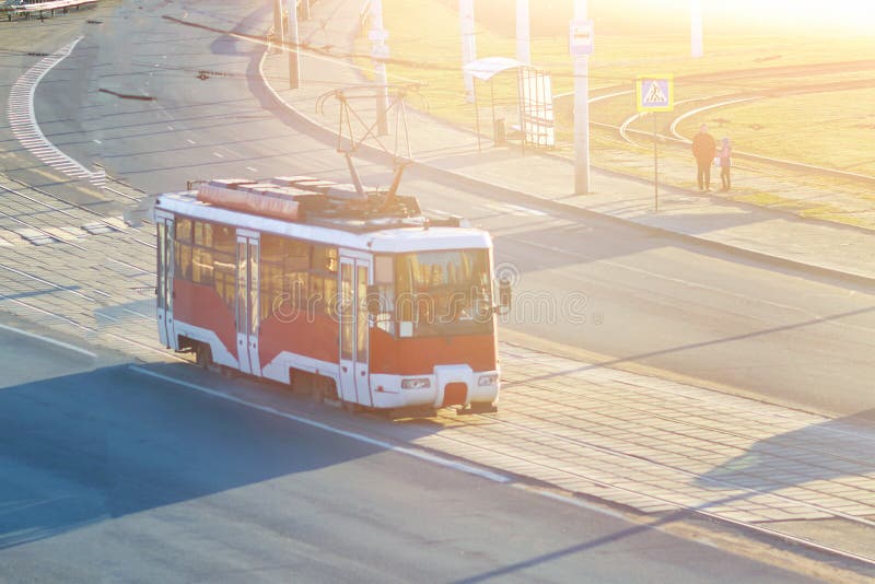 Red tram in Eastern Europe stock image. Image of summer - 114382221